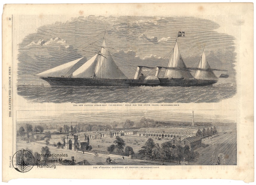 oben: The new clipper steam-ship 'Ly-EE-Moon' built for the opium trade ...